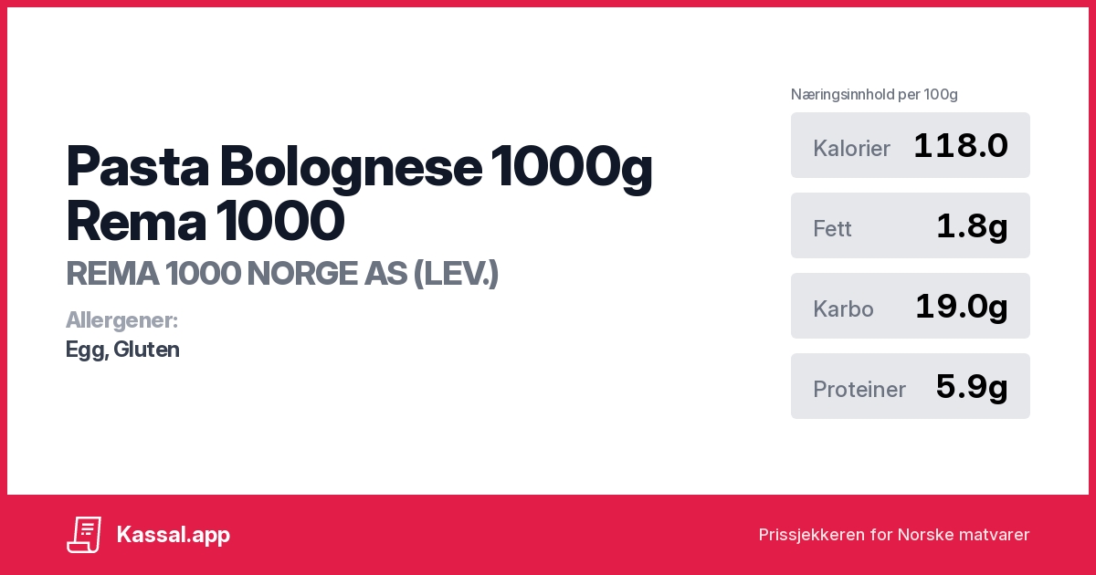 Pasta Bolognese 1000g Rema 1000 - Kassalapp®