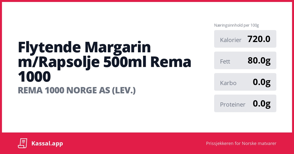 Flytende Margarin m/Rapsolje 500ml Rema 1000 - Kassalapp®