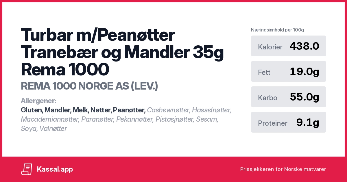 Turbar m/Peanøtter Tranebær og Mandler 35g Rema 1000 - Kassalapp®