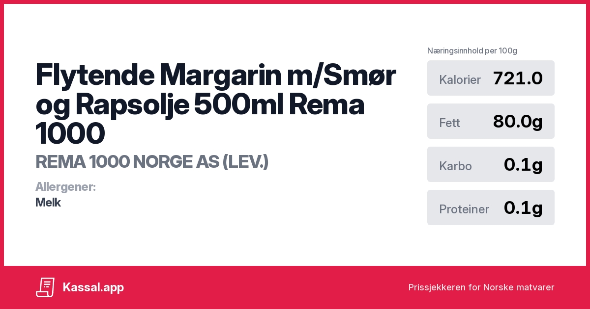 Flytende Margarin m/Smør og Rapsolje 500ml Rema 1000 - Kassalapp®