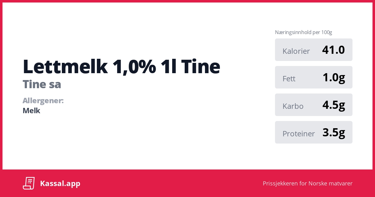 Lettmelk 1,0% 1l Tine - Kassalapp®