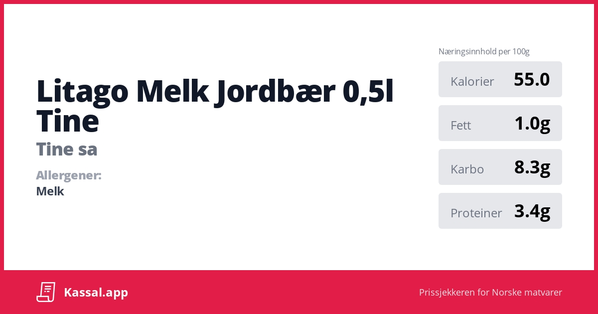 Litago Melk Jordbær 0,5l Tine - Kassalapp®