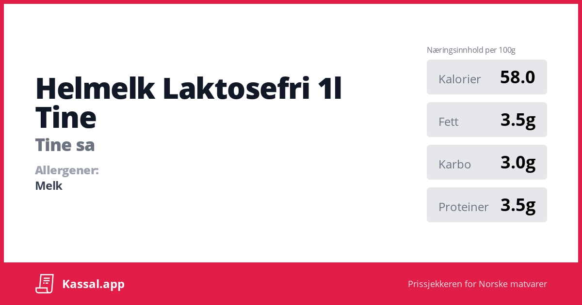 Helmelk Laktosefri 1l Tine - Kassalapp®