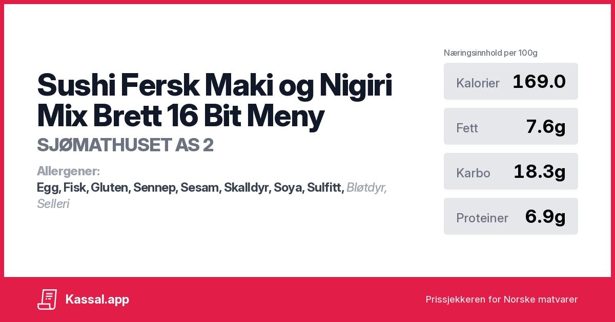 Sushi Fersk Maki og Nigiri Mix Brett 16 Bit Meny - Kassalapp®