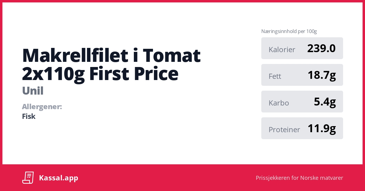 Makrellfilet i Tomat 2x110g First Price - Kassalapp®