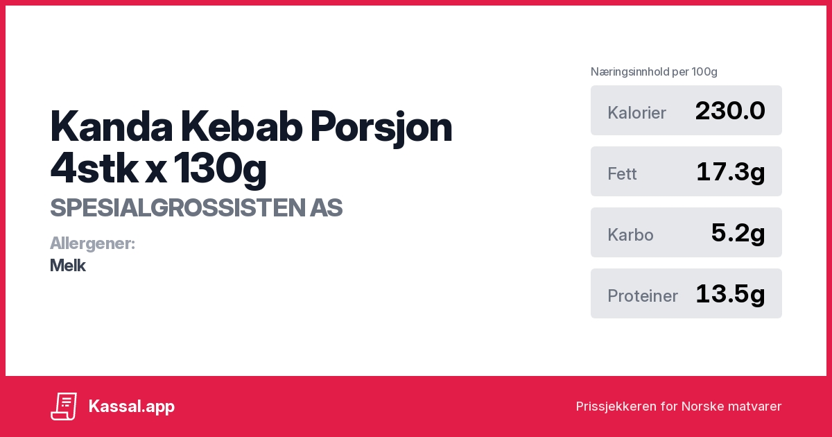Kanda Kebab Porsjon 4stk x 130g - Kassalapp®