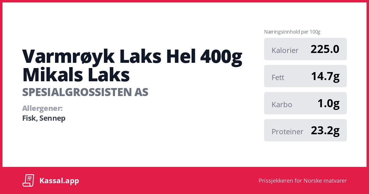 Varmrøyk Laks Hel 400g Mikals Laks - Kassalapp®